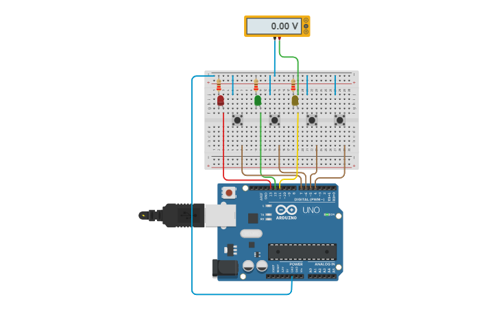 Circuit design 3 Led 3 Pulsador | Tinkercad