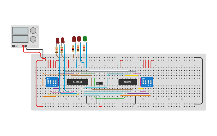 Circuit design 4-bit Binary Adder/Subtractor - Tinkercad Circuit design 4-bit Binary Adder/Subtractor - Tinkercad