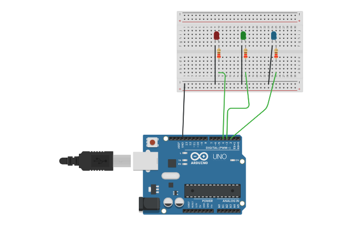 Circuit design 3 led blink - Tinkercad