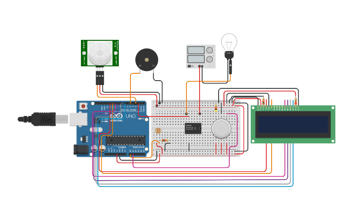 Circuit design Sensor de gas, fotoresistor, sensor PIR, relevador, pantalla LCD - Tinkercad
