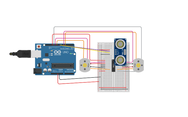 Circuit Design Two Motors With Ultrasonic Tinkercad
