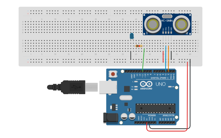 Circuit design HC-SR04 - Tinkercad