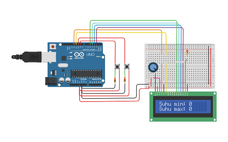 Circuit design 2 Wire LCD + Push Button - Tinkercad Circuit design 2 Wire LCD + Push Button - Tinkercad