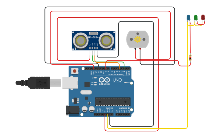 Circuit Design Pengontrol Lampu Dengan Motor Dc Dan Sensor Ultrasonic Tinkercad