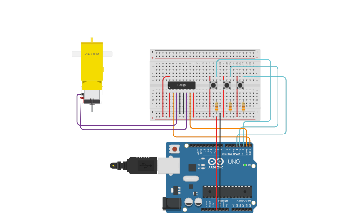 Circuit design Control de motor con tres pulsadores - Tinkercad
