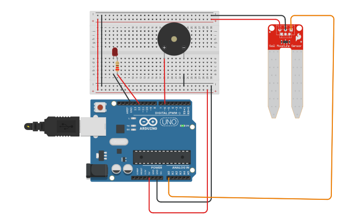 Circuit design Moisture scesor | Tinkercad