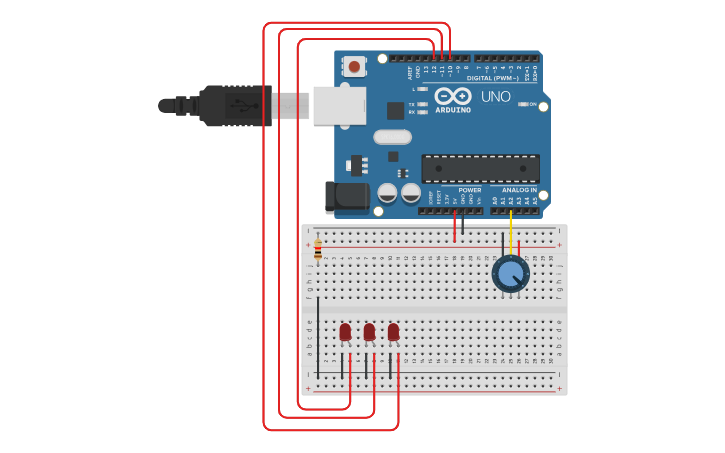 Circuit design Tres led accionado por potenciometro - Tinkercad