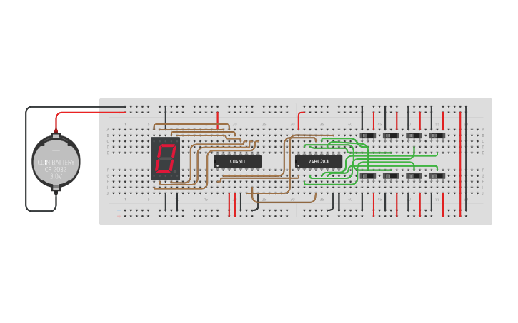 Circuit design Activity #6&7-4-BIT ADDER WITH 7-SEGMENT | Tinkercad