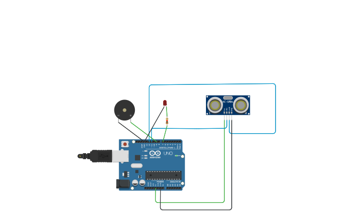 Circuit design Ultrasonic with piezo buzzer - Tinkercad