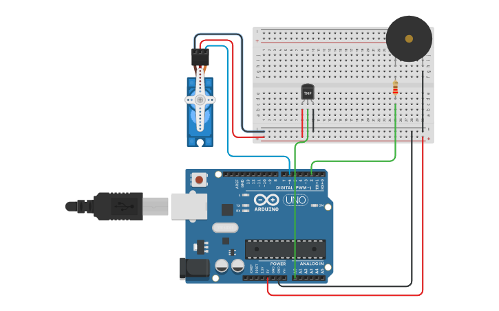 Circuit design Temperature Sensor with Servo Motor - Tinkercad