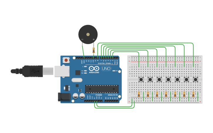 Circuit design Arduino Piano (7-Button) - Tinkercad