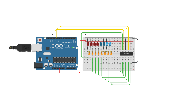 Circuit design Binary Counter with 74HC595 | Tinkercad