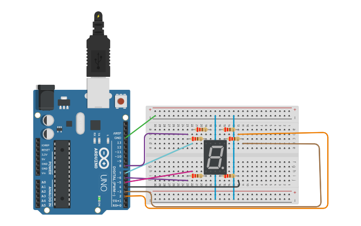 Circuit design Práctica 5, Display de 7 segmentos - Tinkercad