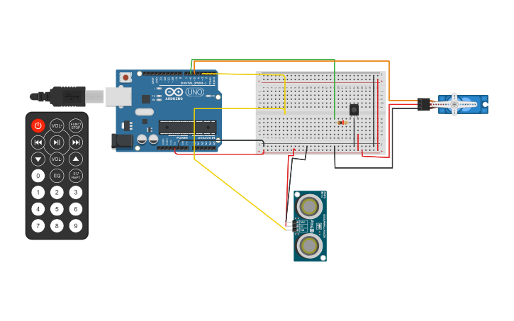 Circuit design sensor servo IR remote - Tinkercad