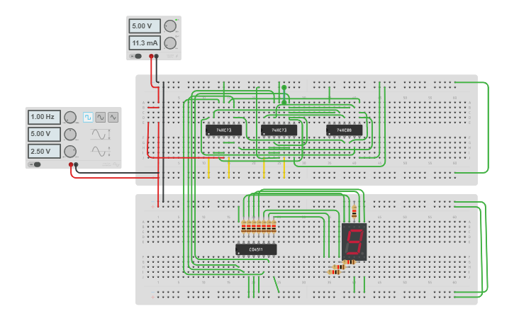 Circuit design BCD counter JKFF - Tinkercad