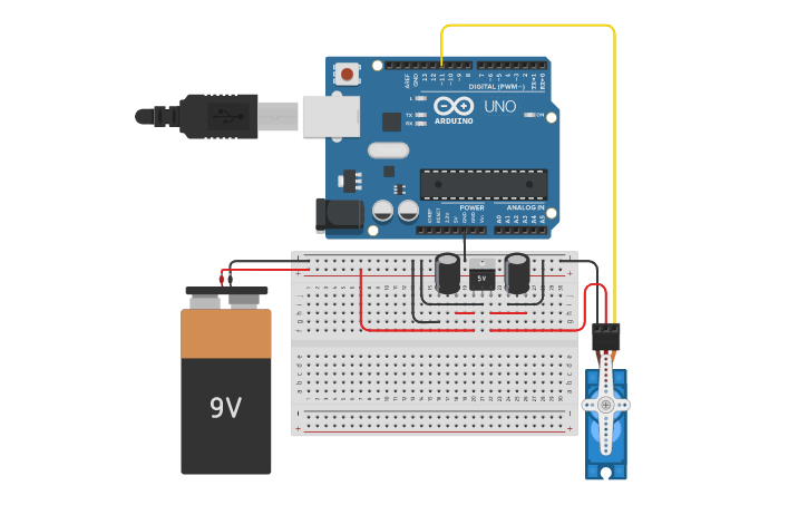 Circuit design Servo motor with voltage regulator | Tinkercad
