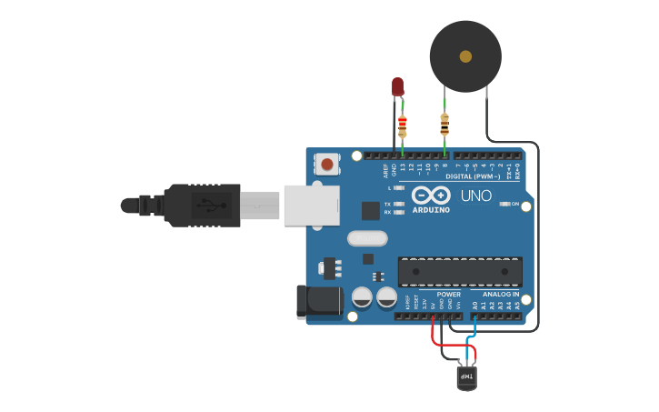 Circuit design Sensor de Temperatura con LED y Buzzer - Tinkercad Circuit design Sensor de Temperatura con LED y Buzzer - Tinkercad