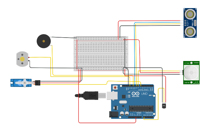 Circuit design three sensors three actuator - Tinkercad