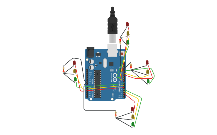 Circuit design 4 semaforos-basico | Tinkercad