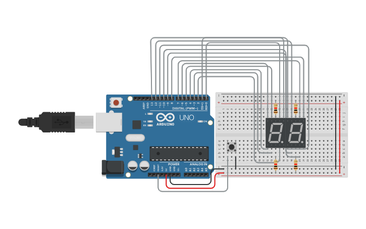 Circuit design arduino 7 segment display with 0-99 counter - Tinkercad