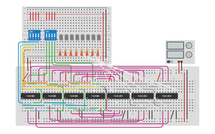 Circuit design Multiplier binary 4bit x 4bit - Tinkercad