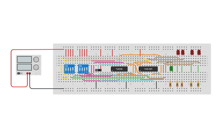 Circuit design 4 bit binary adder/subtractor - Tinkercad