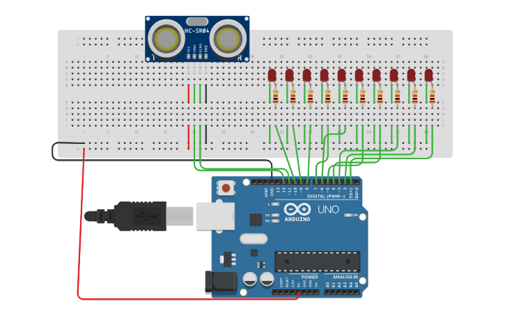 Circuit design Distance LED - Tinkercad