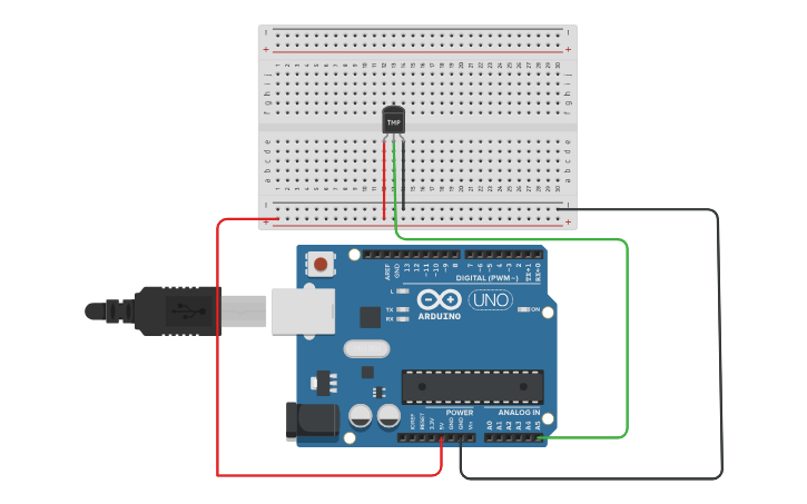 Circuit design Temperature measurement using temperature sensor - Tinkercad