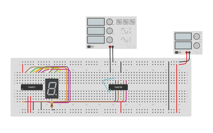 Circuit design 74HC93 Counter with CD4511 7 segment decoder - Tinkercad Circuit design 74HC93 Counter with CD4511 7 segment decoder - Tinkercad