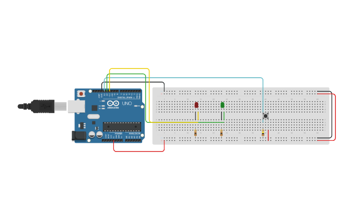 Circuit design Pulsante e 2 LED - Tinkercad