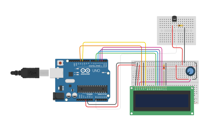 Circuit design Thermistor with LCD (only works IRL) - Tinkercad