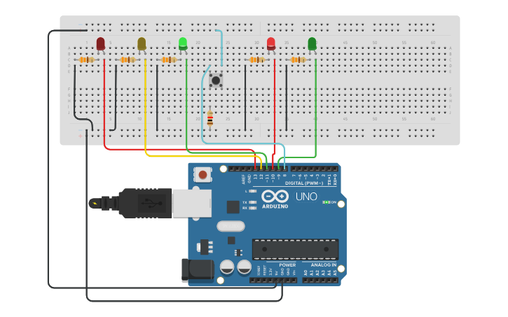 Circuit design semáforo com botão | Tinkercad