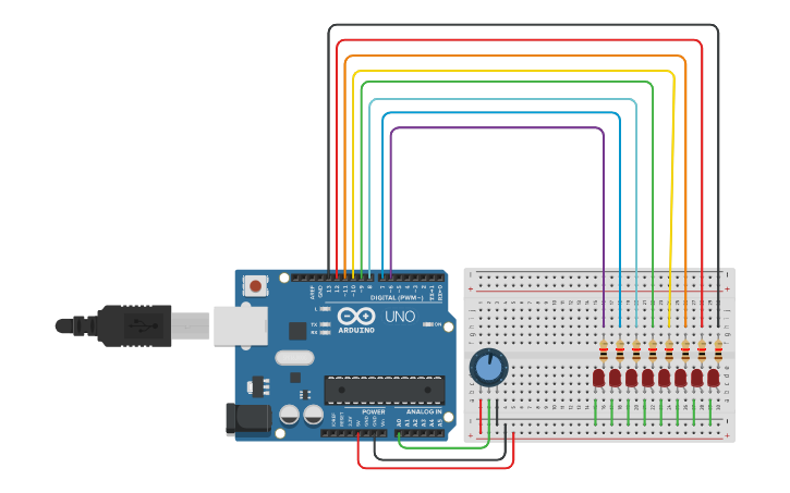 Circuit design Blinken mit poti links mitte rechts | Tinkercad