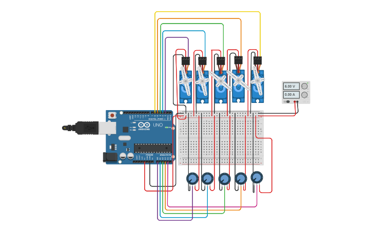 Circuit design brazo robot controlado por arduino - Tinkercad