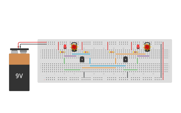 Circuit design Transistor LED Switching (Astable Multivibrator) - Tinkercad