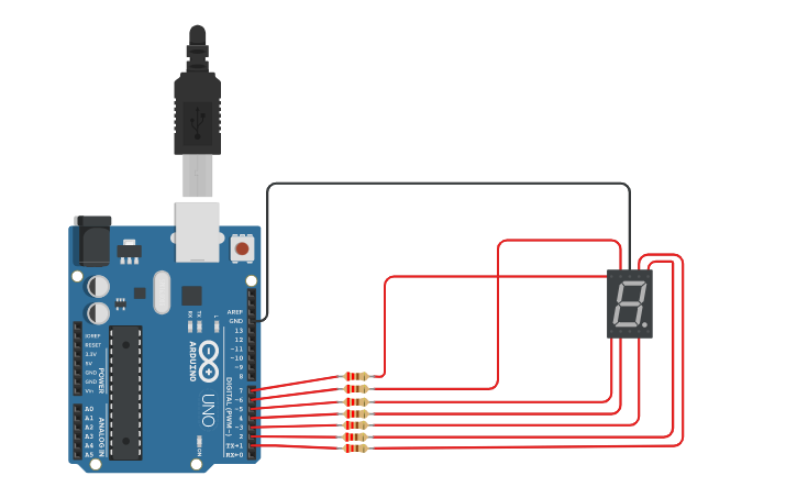 Circuit design Contador de 0 a 9 (visor de 7 segmentos) - Tinkercad Circuit design Contador de 0 a 9 (visor de 7 segmentos) - Tinkercad