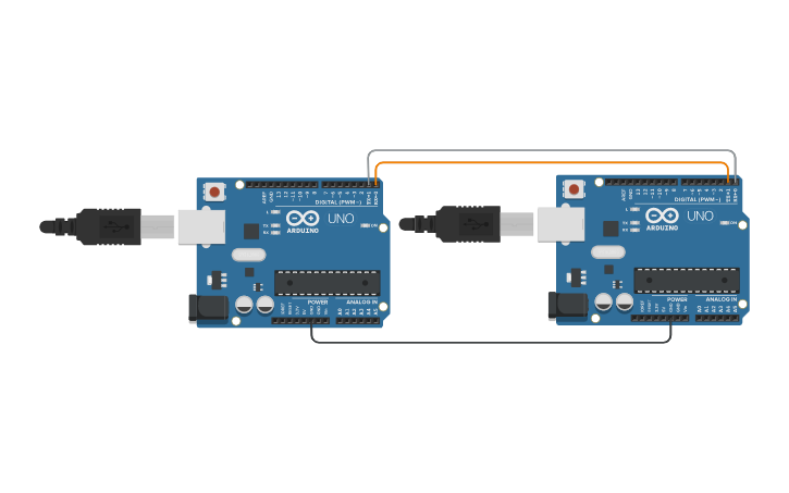 Circuit design Basic communication between 2 Arduinos - Tinkercad Circuit design Basic communication between 2 Arduinos - Tinkercad