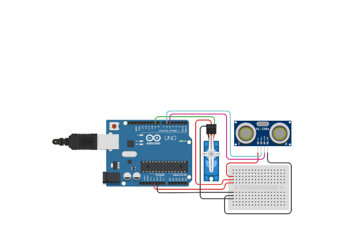 Circuit design Control Servo Using Ultrasonic Sensor - Tinkercad Circuit design Control Servo Using Ultrasonic Sensor - Tinkercad
