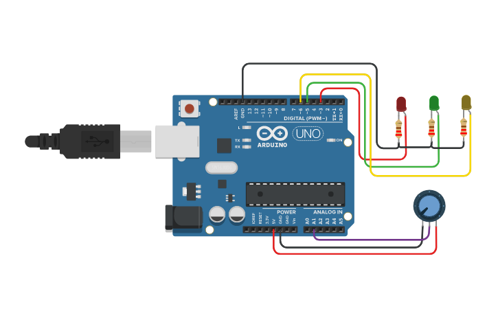 Circuit design Control LED brightness Using Potentiometer - Tinkercad