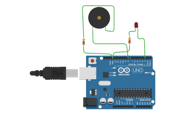 Circuit design USING BUZZER AND LED SIMULTANEOUSLY | Tinkercad
