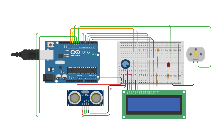Circuit Design Arduino Con Lcd 16x2 Sensor Ultrasonico Tinkercad