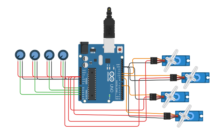 Circuit Design Desafio 5 Controle 4 Servomotores Tinkercad