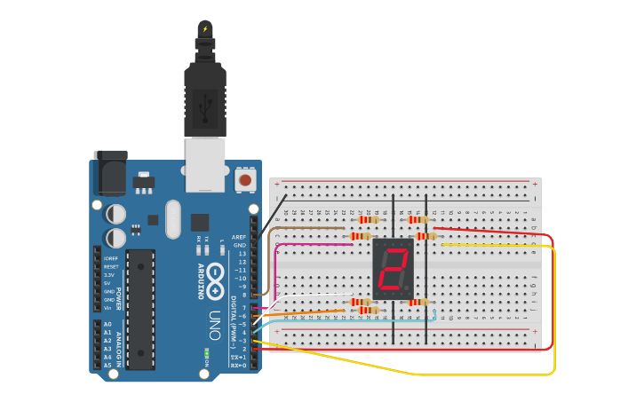 Circuit design práctica 5 Display de 7 segmentos | Tinkercad