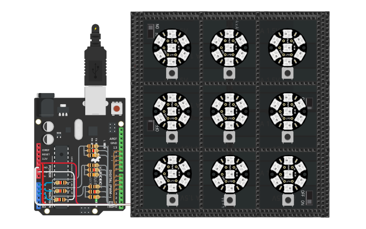 Circuit design NEOPIXEL GAME = HASH (1 PLAYER vs COMPUTER) - Tinkercad Circuit design NEOPIXEL GAME = HASH (1 PLAYER vs COMPUTER) - Tinkercad