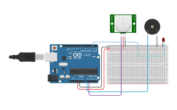 Circuit design Pir sensor with led and buzzer - Tinkercad