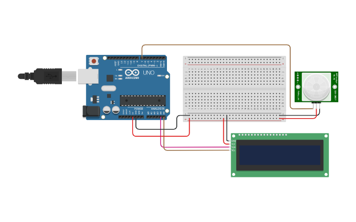 Circuit design PIR sensor and LCD Display (I2C) - Tinkercad