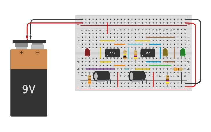 Circuit design Semaforo con 555 - Tinkercad