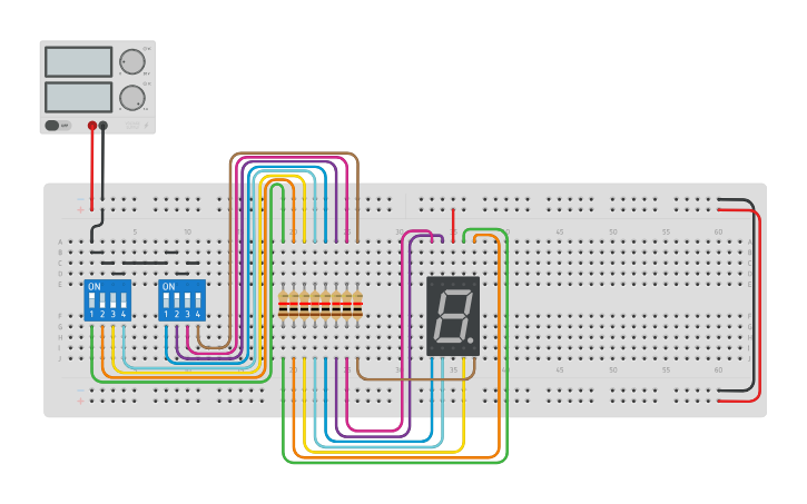 Circuit design display 7 segmentos anodo comum - Tinkercad