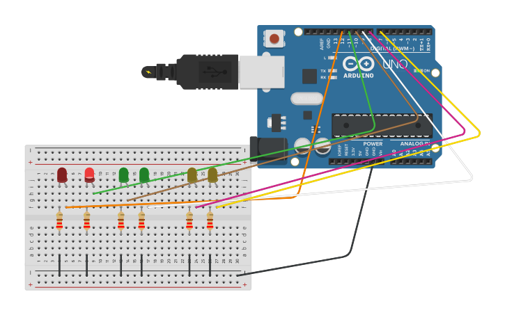 Circuit design practica 3 led, resistencia y Arduino (fisico) | Tinkercad