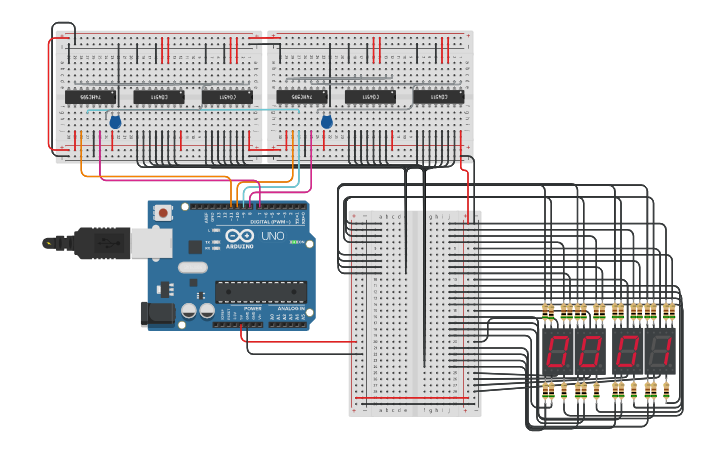 Circuit design 4 digit timer - Tinkercad